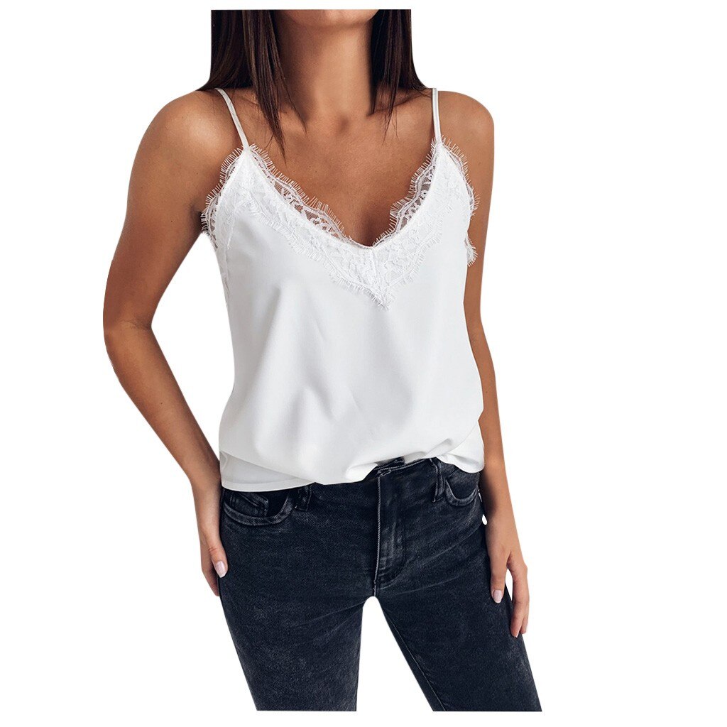 Women V Neck Lace Spaghetti Strap Tank Tops Casual... – Vicedeal