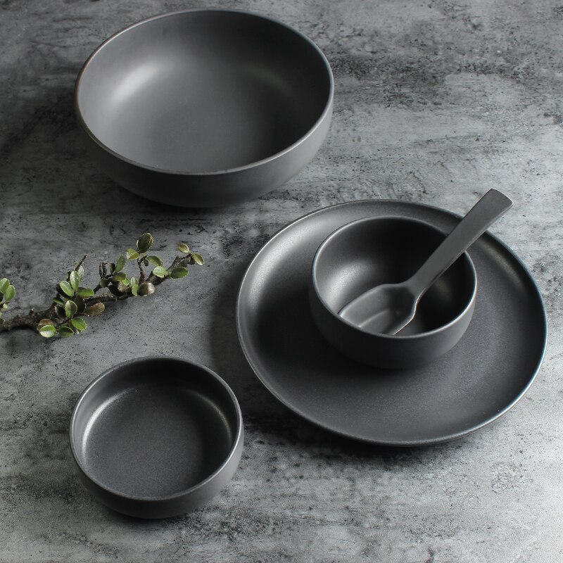 Ceramic tableware plate set matte dark gray flat p... – Vicedeal