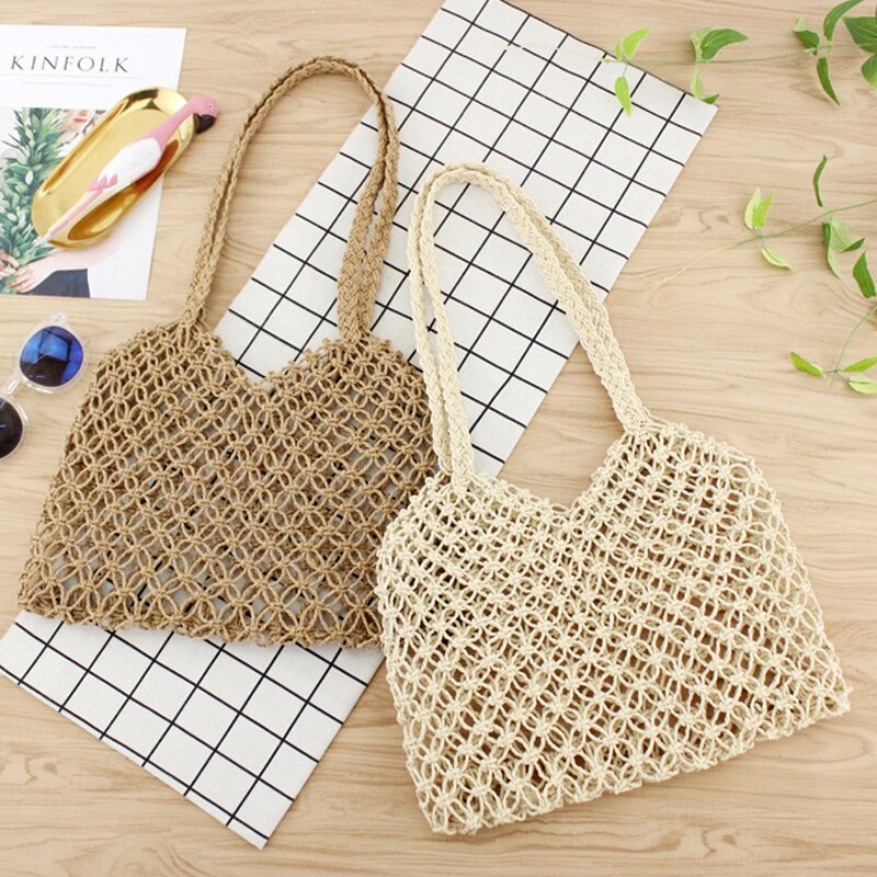 hand-woven hollowwork straw bag paper rope grid wi... – Grandado