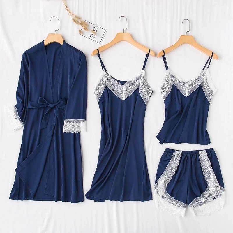Women Pajamas Sets Satin Sleepwear Silk 4 Pieces N... – Grandado
