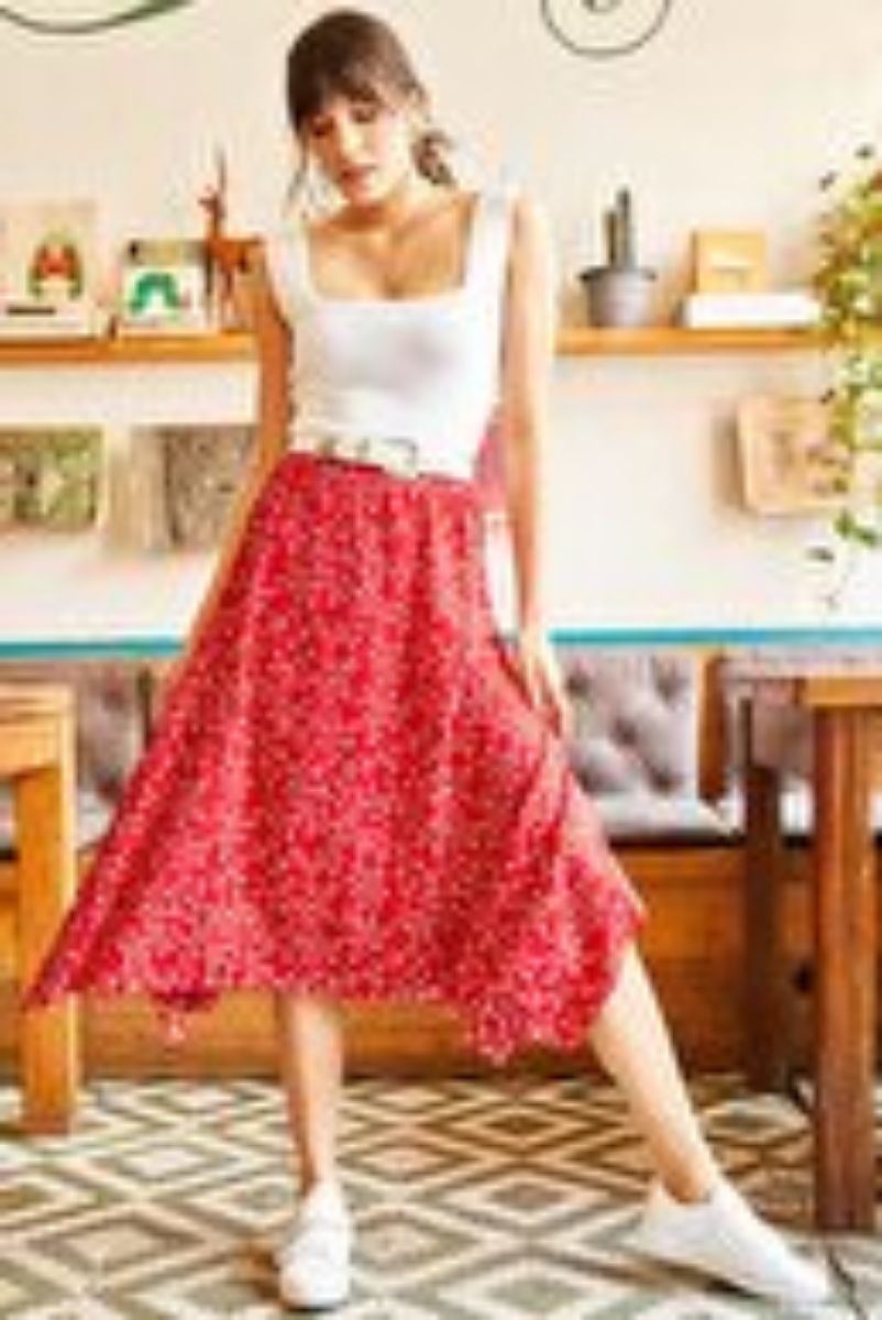 Falda roja con estampado asimétrico para mujer – Grandado