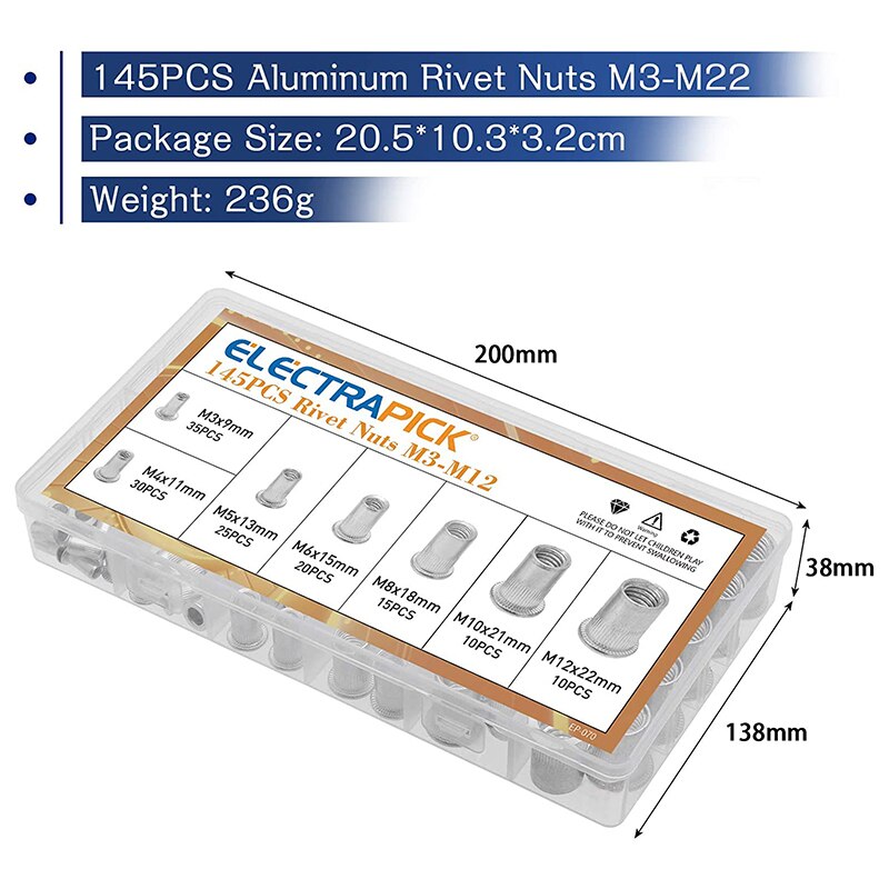 145Pcs M3 M4 M5 M6 M8 M10 M12 Aluminium Rivet Nut ... – Vicedeal