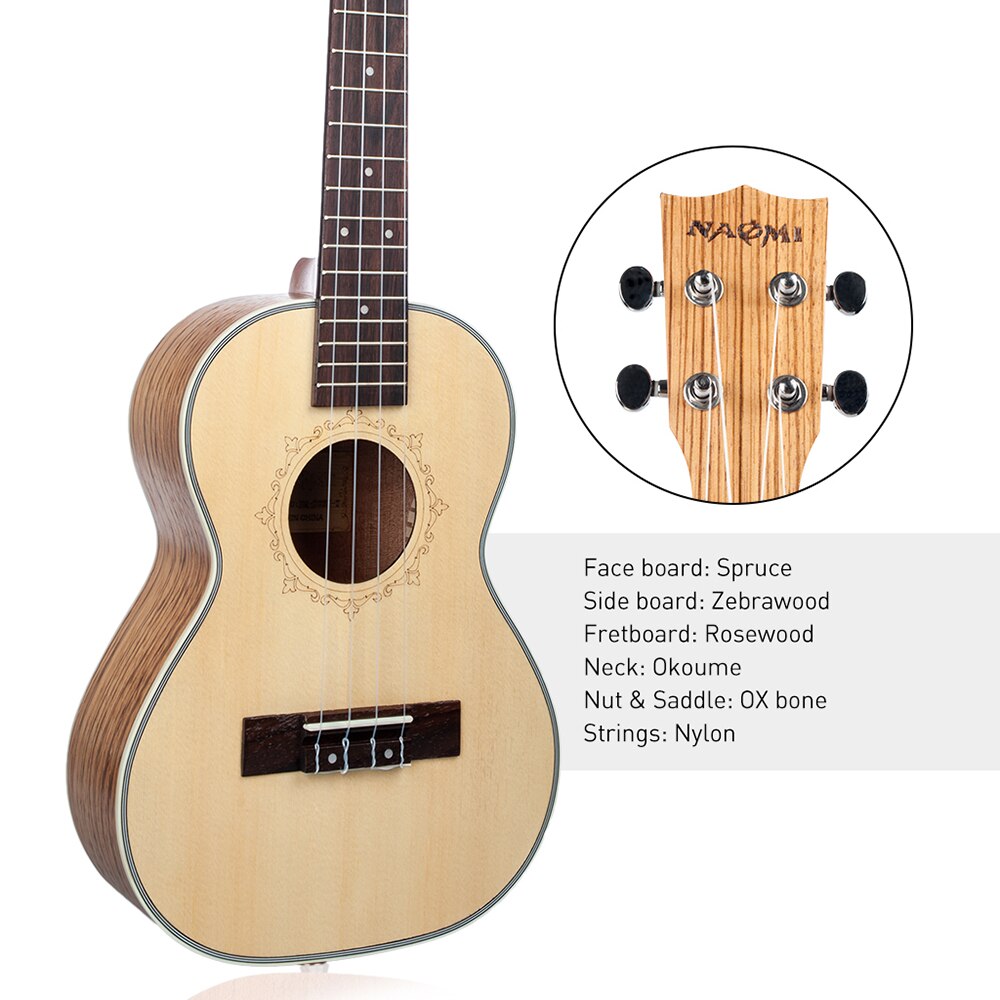 NAOMI 21 Inch Ukulele Spruce Topboard Zebrawood Ba... – Grandado