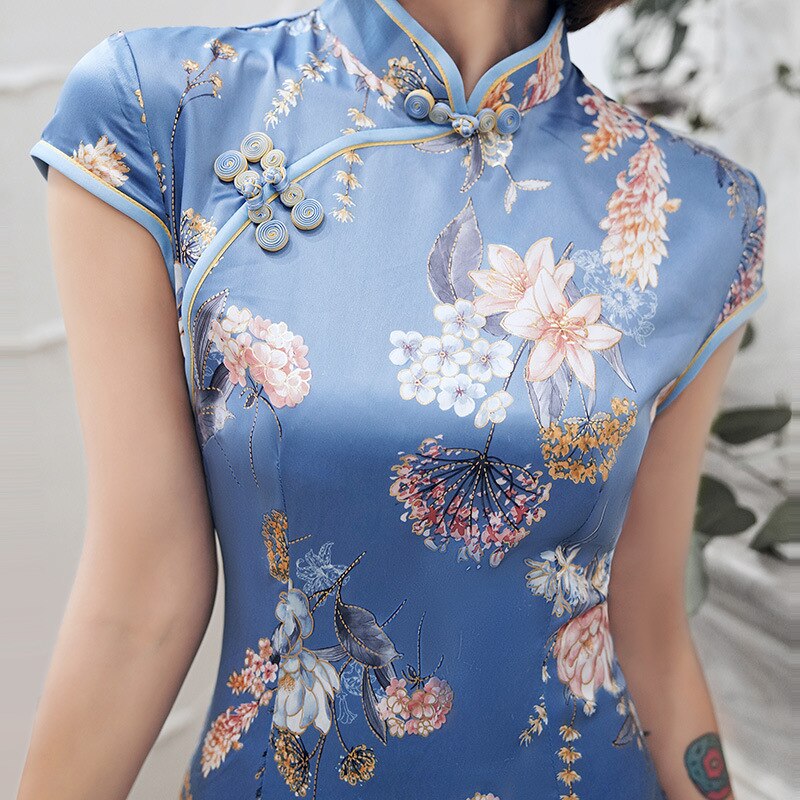 Sheng Coco Sky Blue Chinese Women Mini Cheongsam D... – Grandado