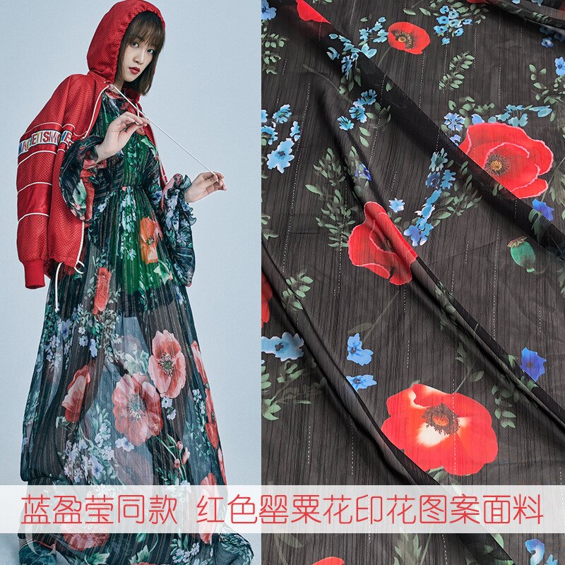 Poppy flower printed gold silk smooth fabric 145 c... – Grandado