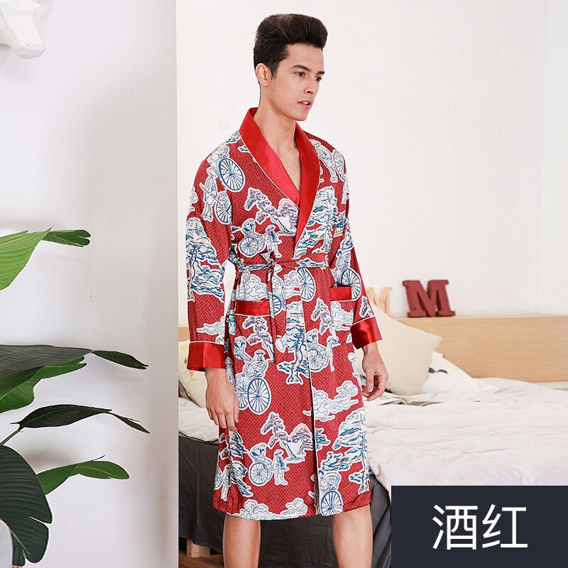 Men Silk Summer and Autumn Print Satin Kimono Bath... – Grandado