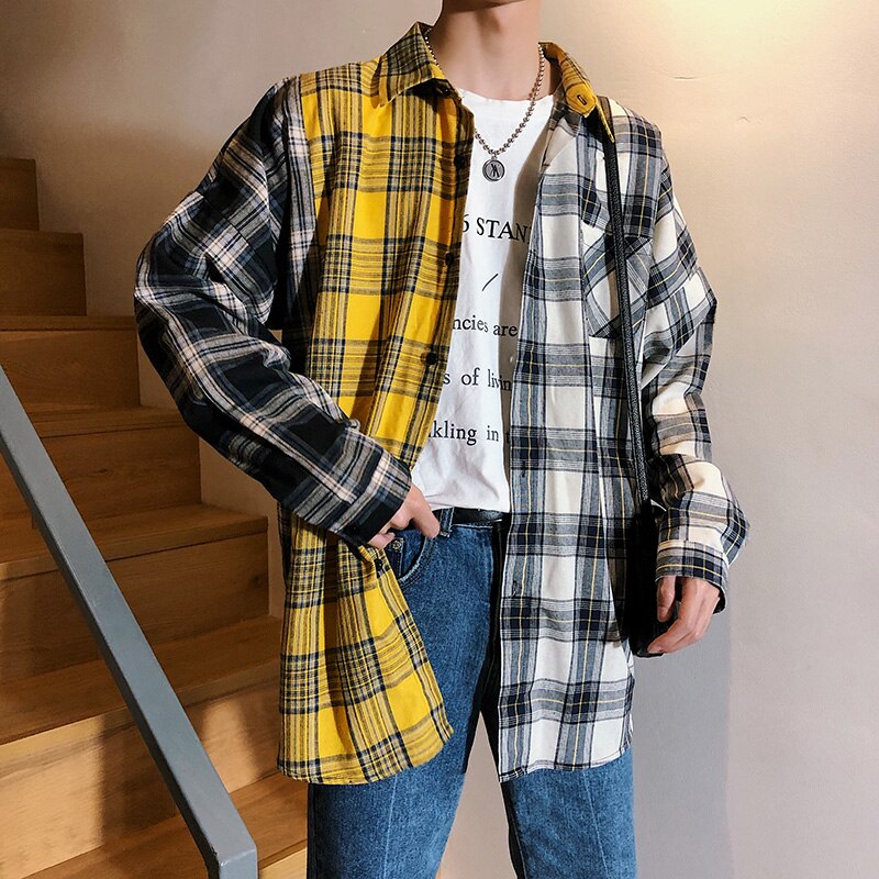 Korean Plaid Shirts For Men Patchwork Long Sleeve ... – Grandado