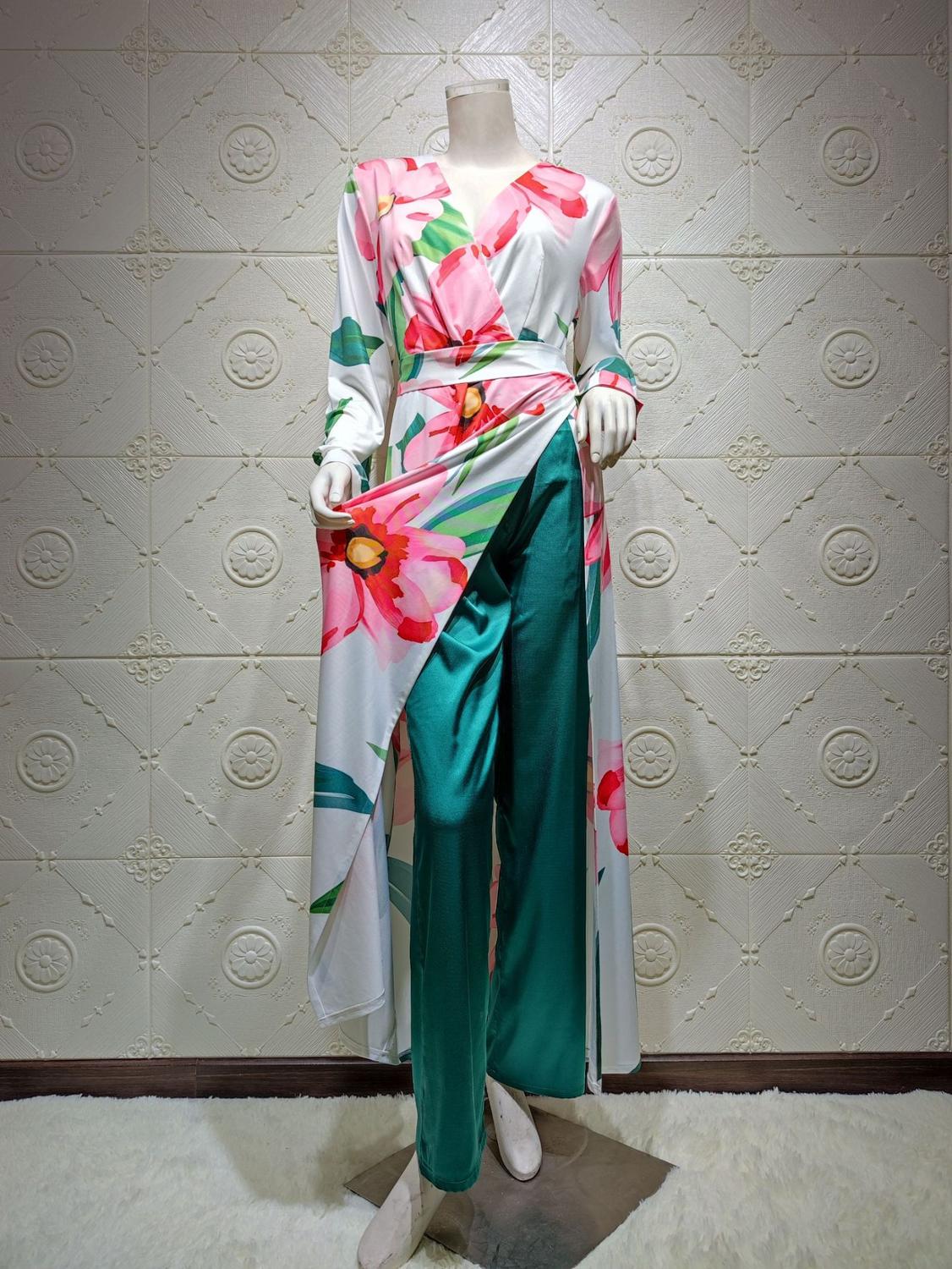 2 Piece Muslim Abaya Set Long Sleeve Print Chiffon... – Grandado