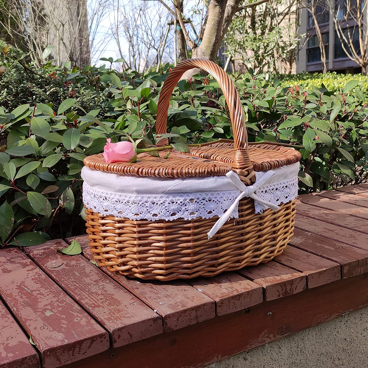 Wicker Picnic Basket with Lid and Handle Sturdy Wo... – Grandado