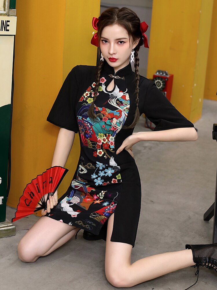 Chinese Style Cheongsam Dress Women Black Modern M... – Grandado