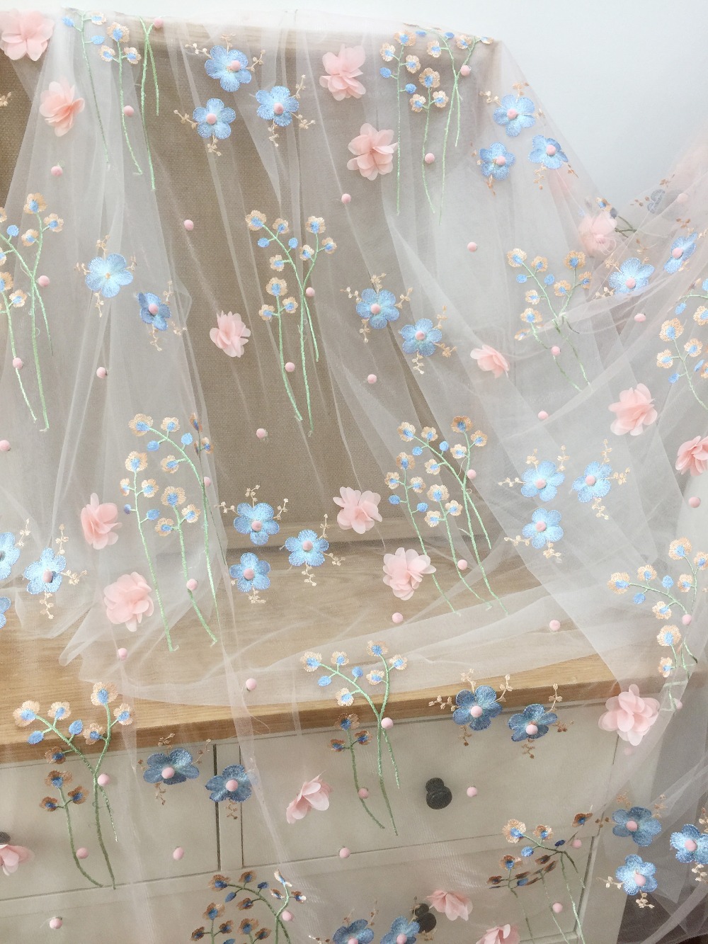 5 yards 3D Pink flower lace fabric,chiffon rosette... – Grandado