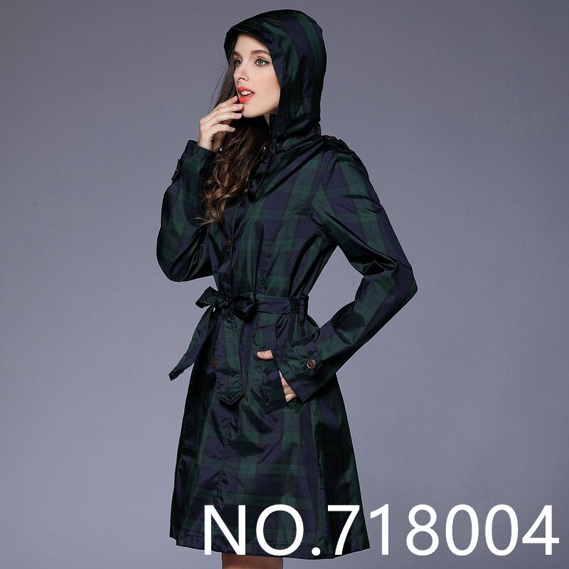 Long Green lattice Raincoat Women With Belt,Waterp... – Grandado
