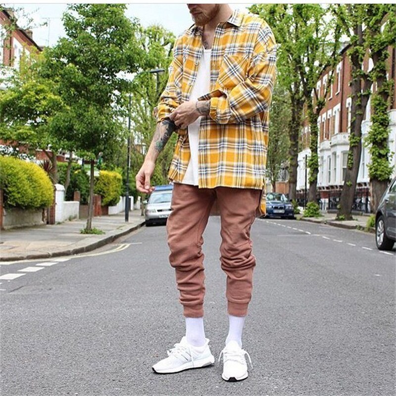 Streetwear gul plaid langærmede skjorter tidevand ... – Grandado