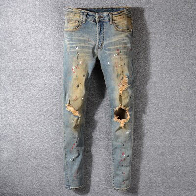 Streetwear Men Jeans Retro Wash Slim Fit Paint Rip... – Vicedeal