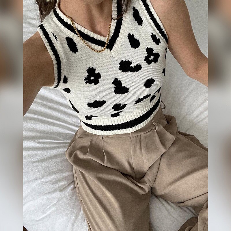 Knitted Sweater Vest Y2K Aesthetics Cow Parttern E... – Grandado