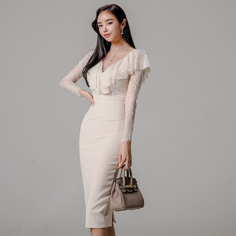 Spring Autumn Mesh Patchwork Lace Sleeve Sheath Dr... – Grandado