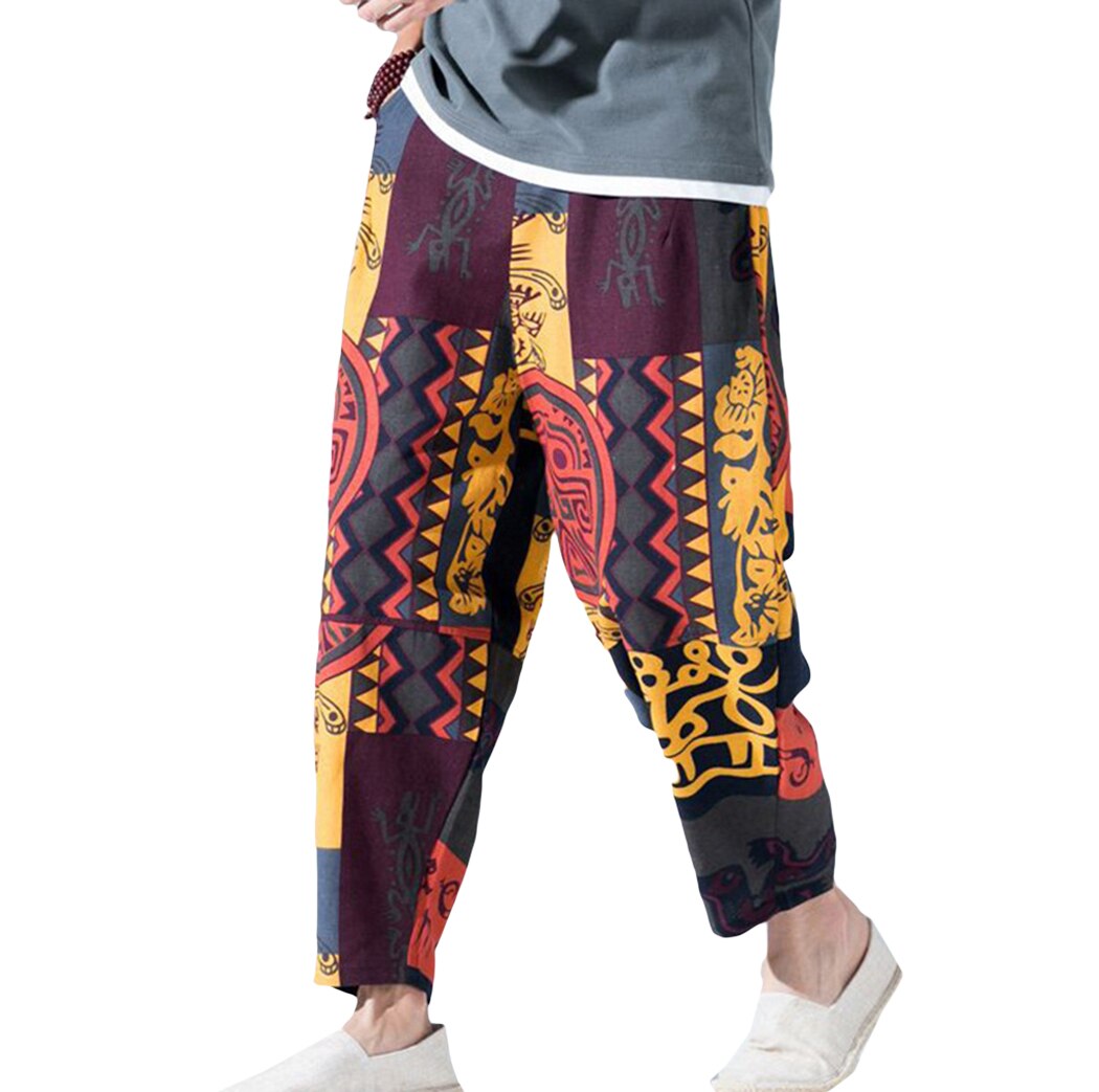 Mens Harem Pants Summer Cotton Linen Print Hip Hop... – Grandado