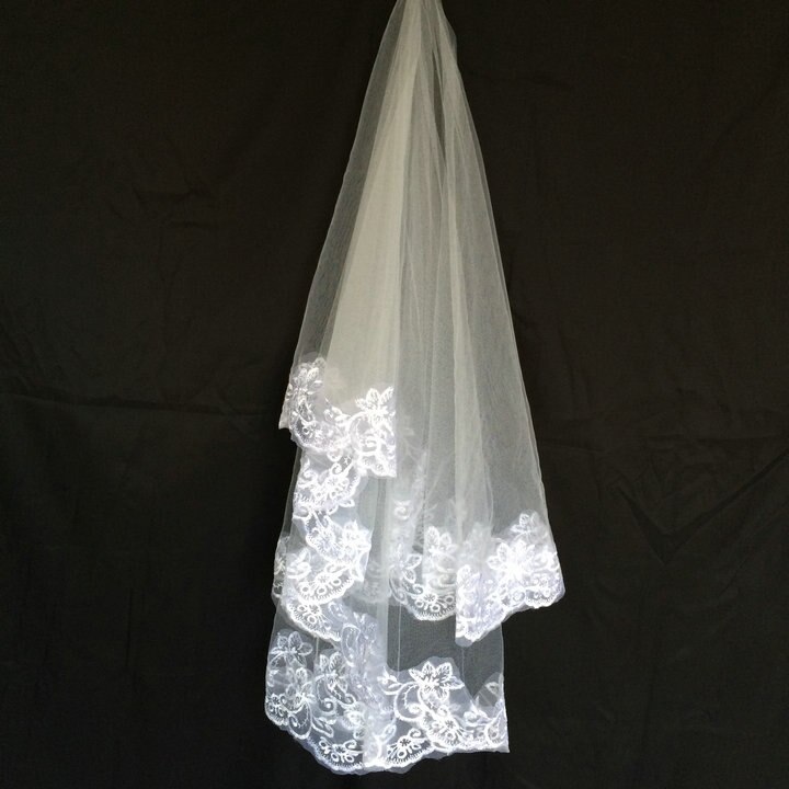 White Ivory Short Bridal Veil Tulle Applique Edge ... – Vicedeal