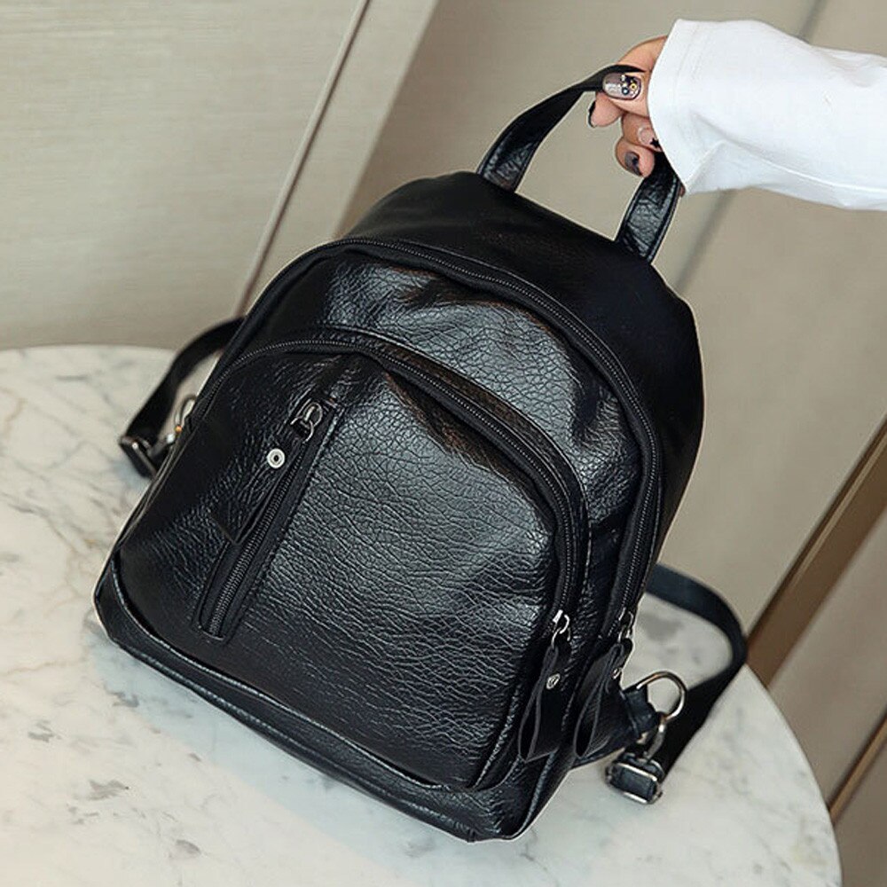 Double zipper black Leather Backpacks Shoulder Bag... – Grandado