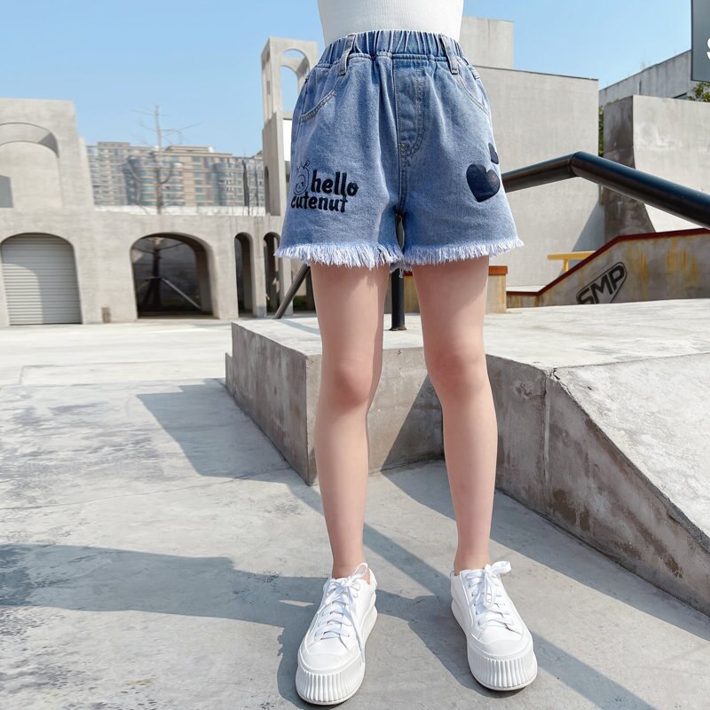 Kids Girl Tassel Denim Shorts Heart Print Teens Gi... – Grandado