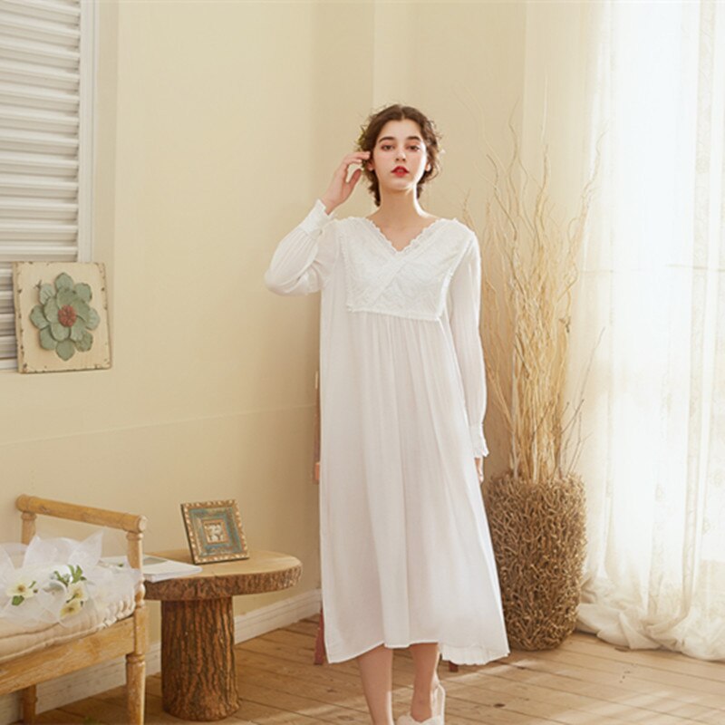 Cotton Long Night Dress Women Autumn White Romanti... – Grandado