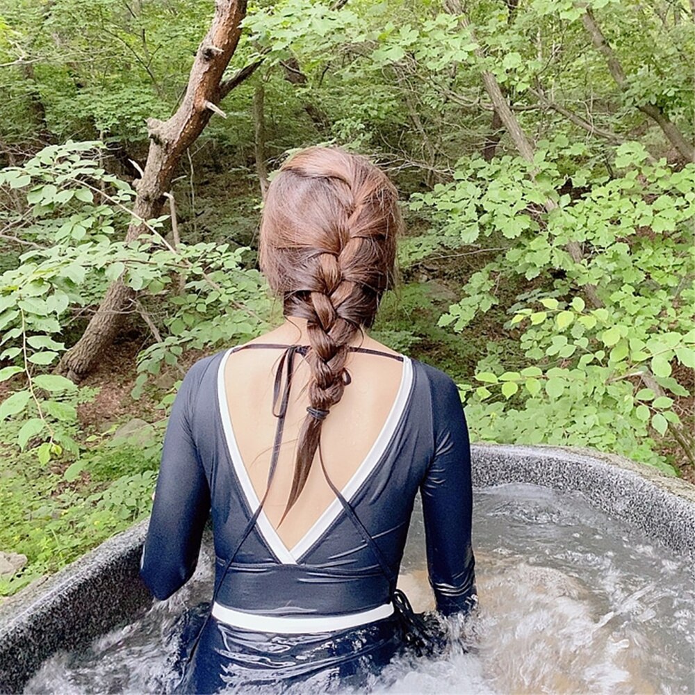 Long Sleeve Rash Guard With Skirt Women Solid Blac... – Grandado