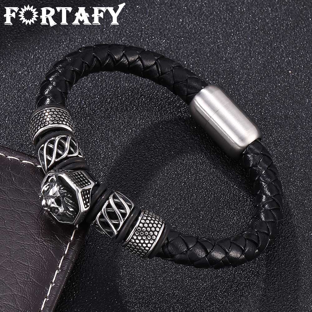 FORTAFY Male Black Braided Leather Lion Bracelet M... – Vicedeal