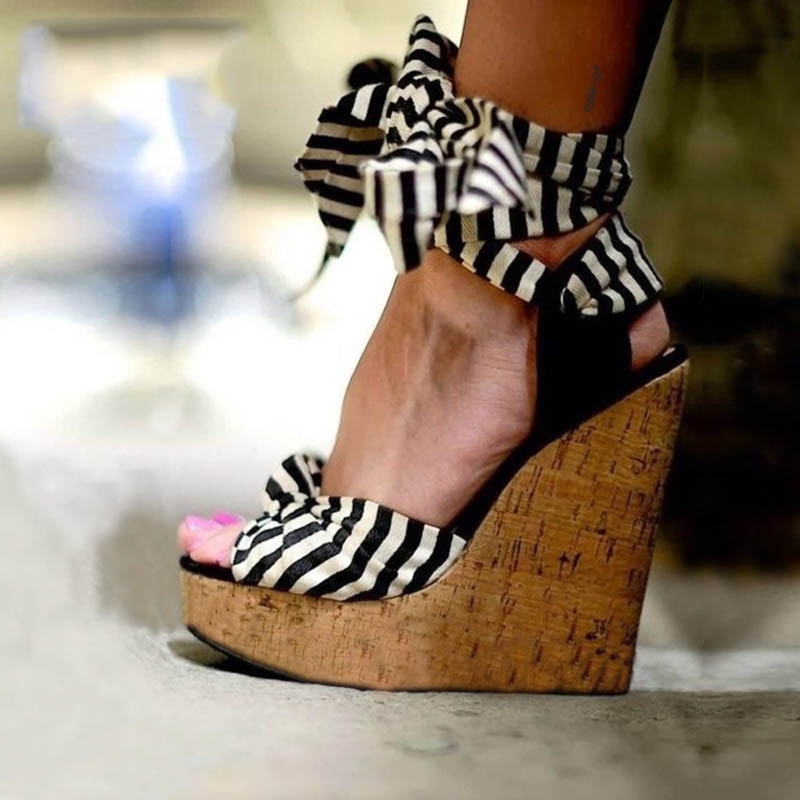 Summer Roman Sandals Gingham FabricHigh Wedges Hig... – Grandado