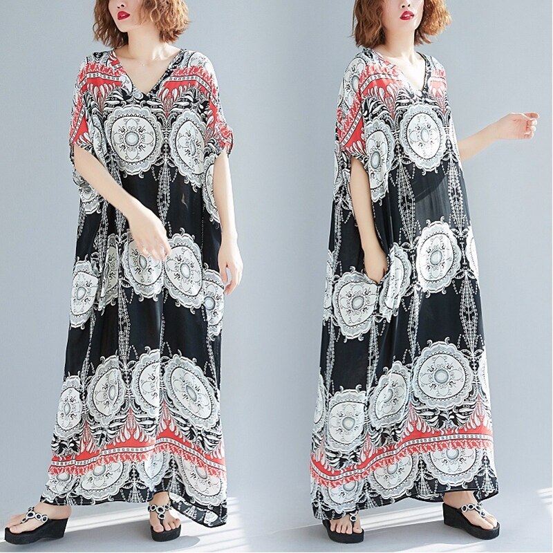 Boho Jurken Zomer Gewaad Vintage Femme V-hals Prin... – Grandado